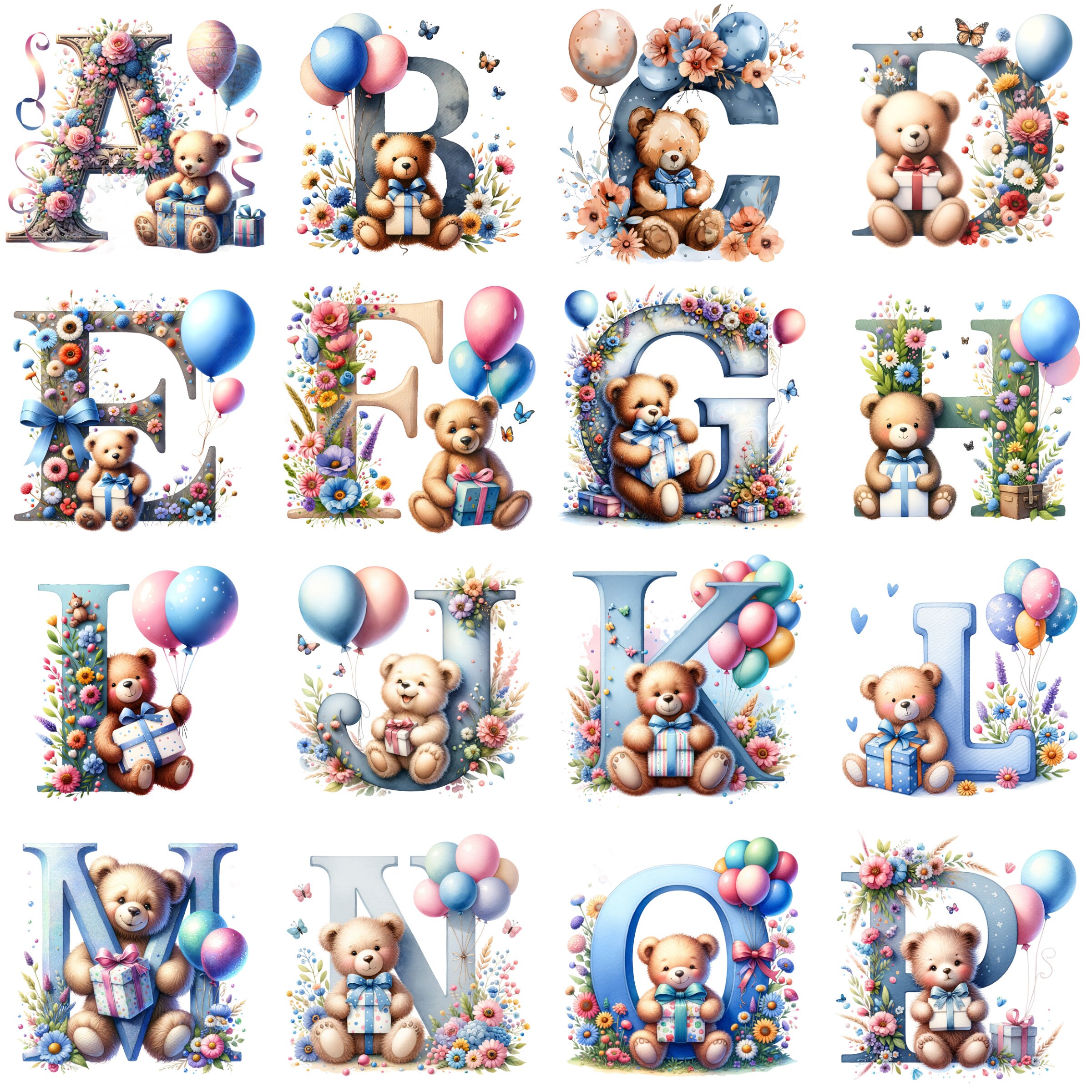 Teddy Bear Alphabet Digital Clipart, Full ABC and 0 to 9 Numbers ...