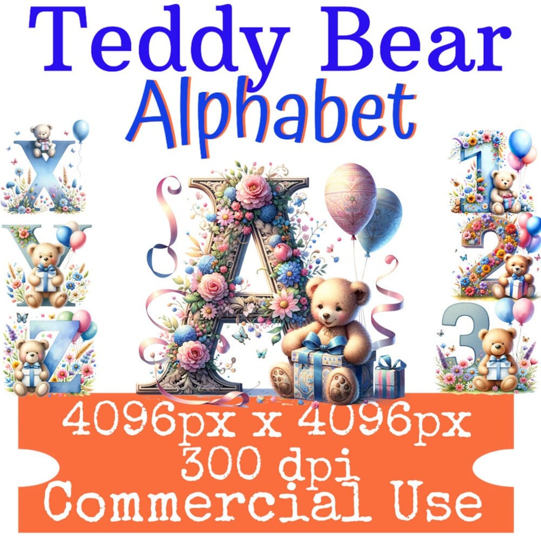 Teddy Bear Alphabet Digital Clipart, Full ABC and 0 to 9 Numbers ...