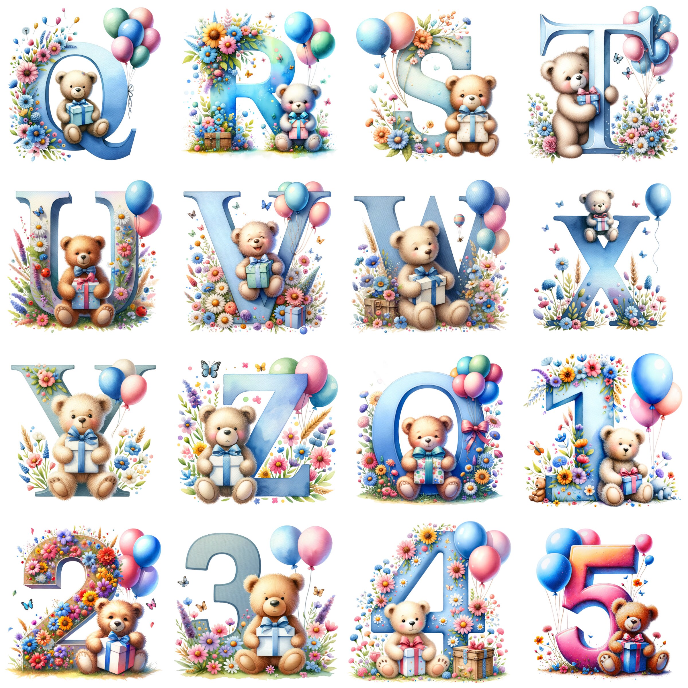 Teddy Bear Alphabet Digital Clipart, Full ABC and 0 to 9 Numbers ...