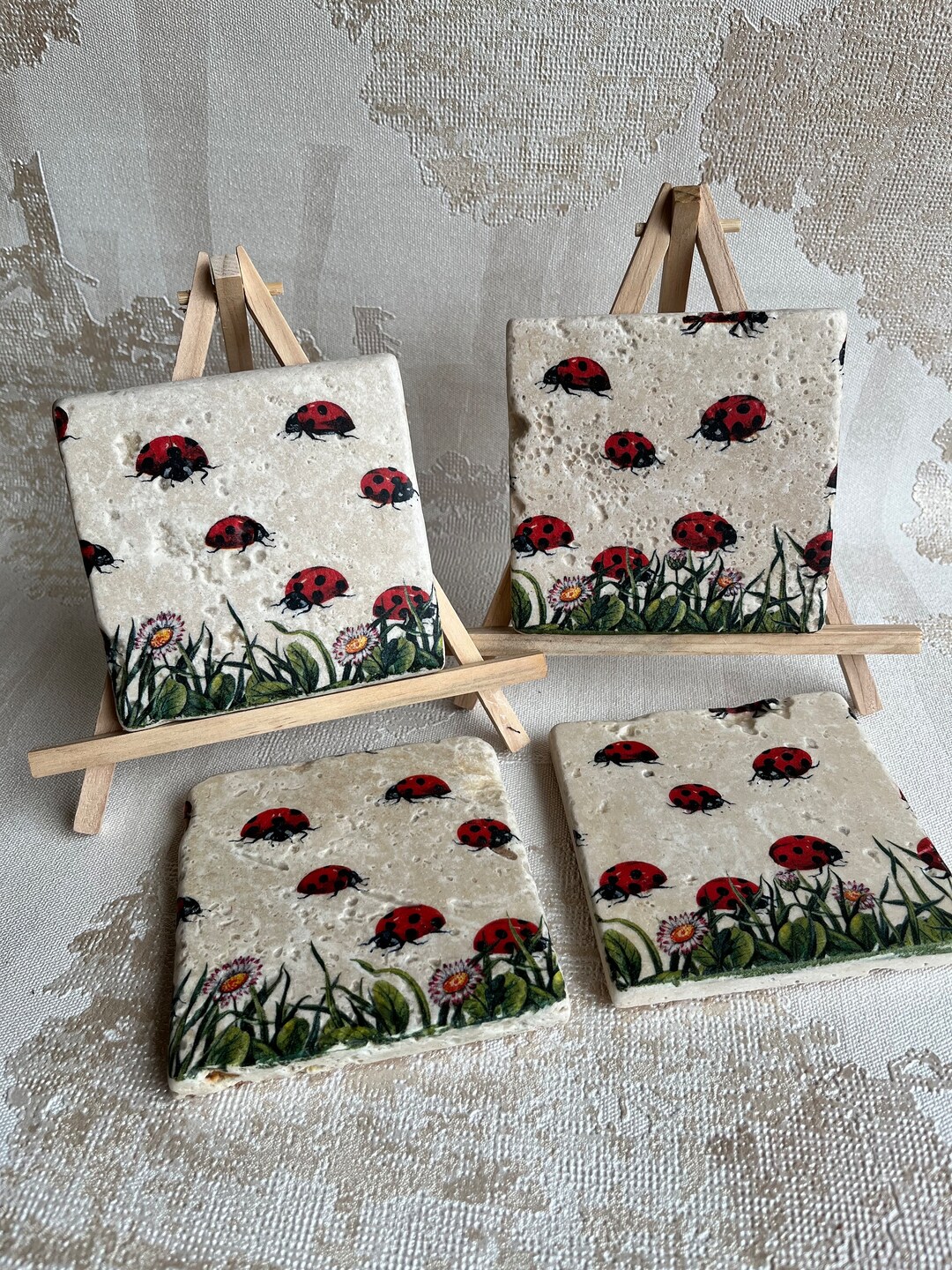 Ladybird / Ladybug Design Set of 4 Handmade Decoupage Heavy Natural ...