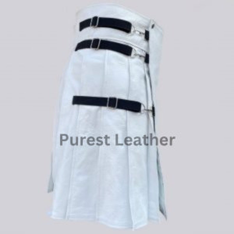 Handmade Mens Genuine Leather Kilt, Aesthetic White Kilt With Black ...