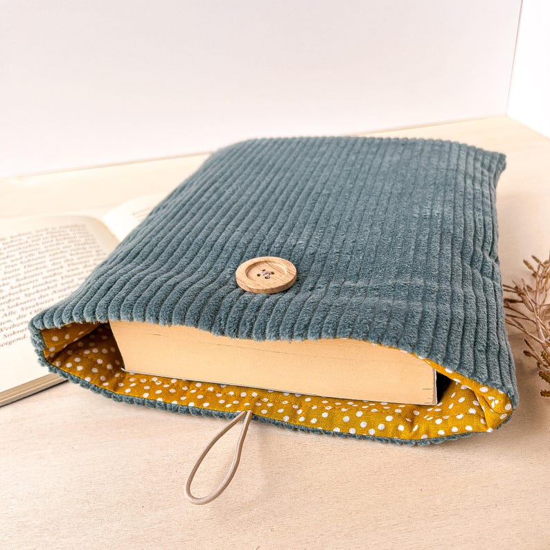 Velvet Blue Book Sleeve, Padded Cover, Yellow Polka Dots Book Bag ...
