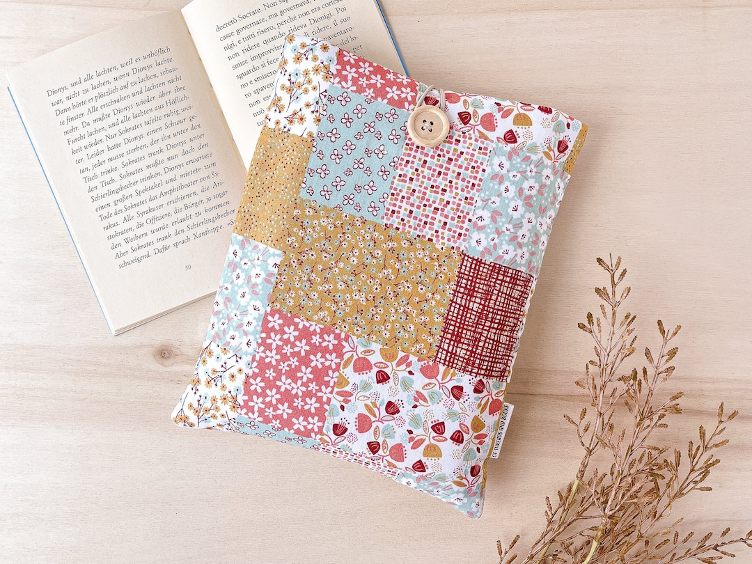 Patchwork Book Sleeve, Pink and Blue Flowers Book Bag, Quilted Fabric ...