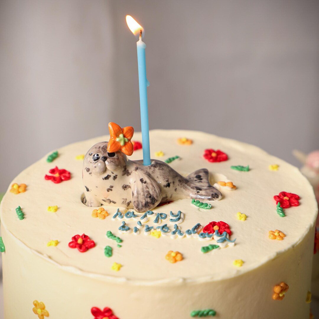 Ceramic Gray Seal Cake Topper Hand-painted Birthday Candle Holder ...