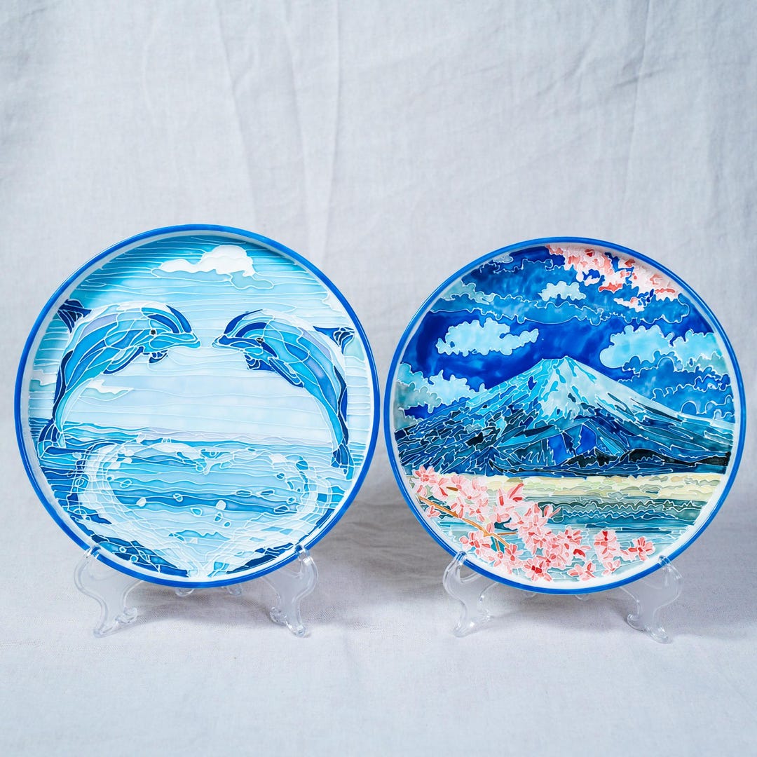 Vibrant Blue Handpainted Jewelry Plates, Lovely Dolphin Ring Dish ...