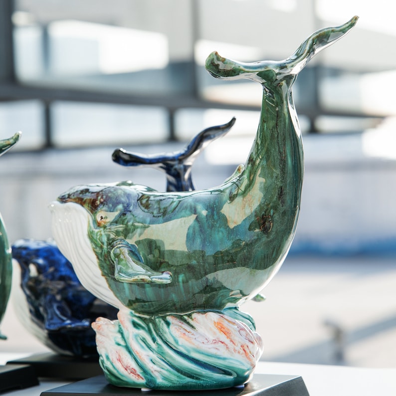 Ceramic Whale Sculpture Green&blue Whale Ornament Whale Sculpture Ocean ...