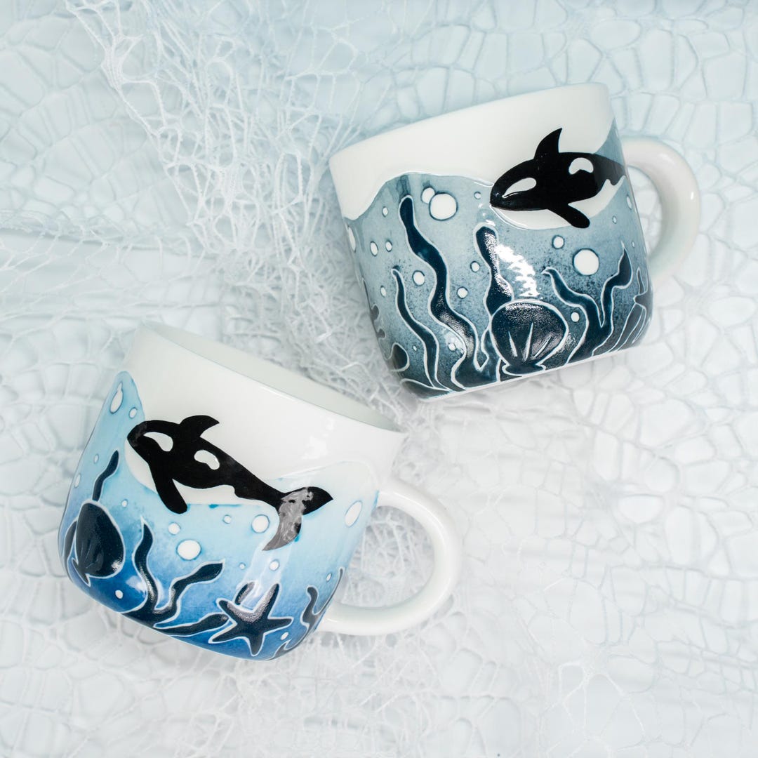 Swimming Orca Coffee Mugs, Under the Sea Blue/black Whale Espresso Mugs ...
