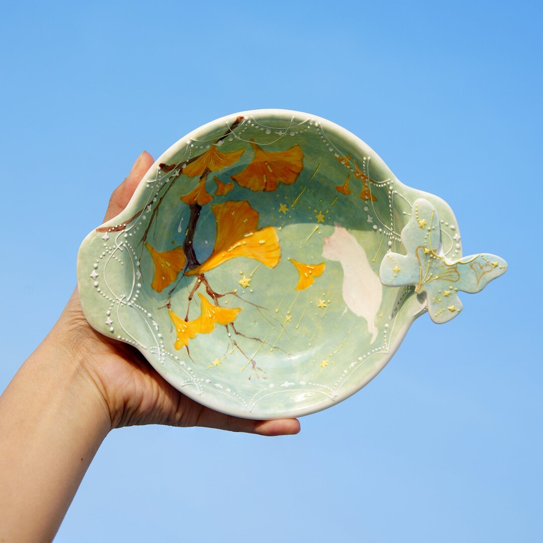 Cottagecore Ceramic Plate White Cat Ginkgo Leaf Dish - Etsy