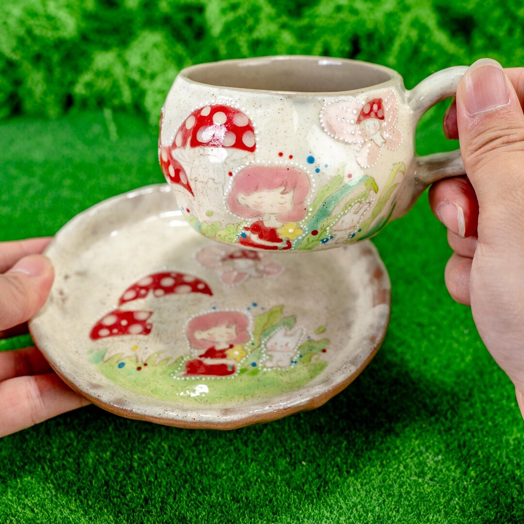 Mushroom Dreamscape Tea Set | Handmade Ceramic Beige Hug Mug, Saucer ...