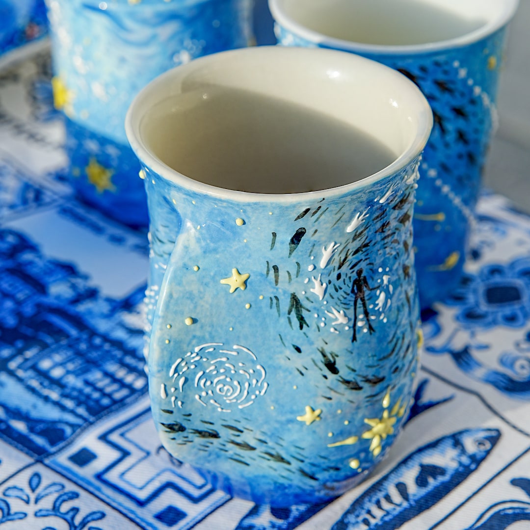 Starry Night Ceramic Mug Hand-warming Coffee / Tea Grooved Hand Warmer ...