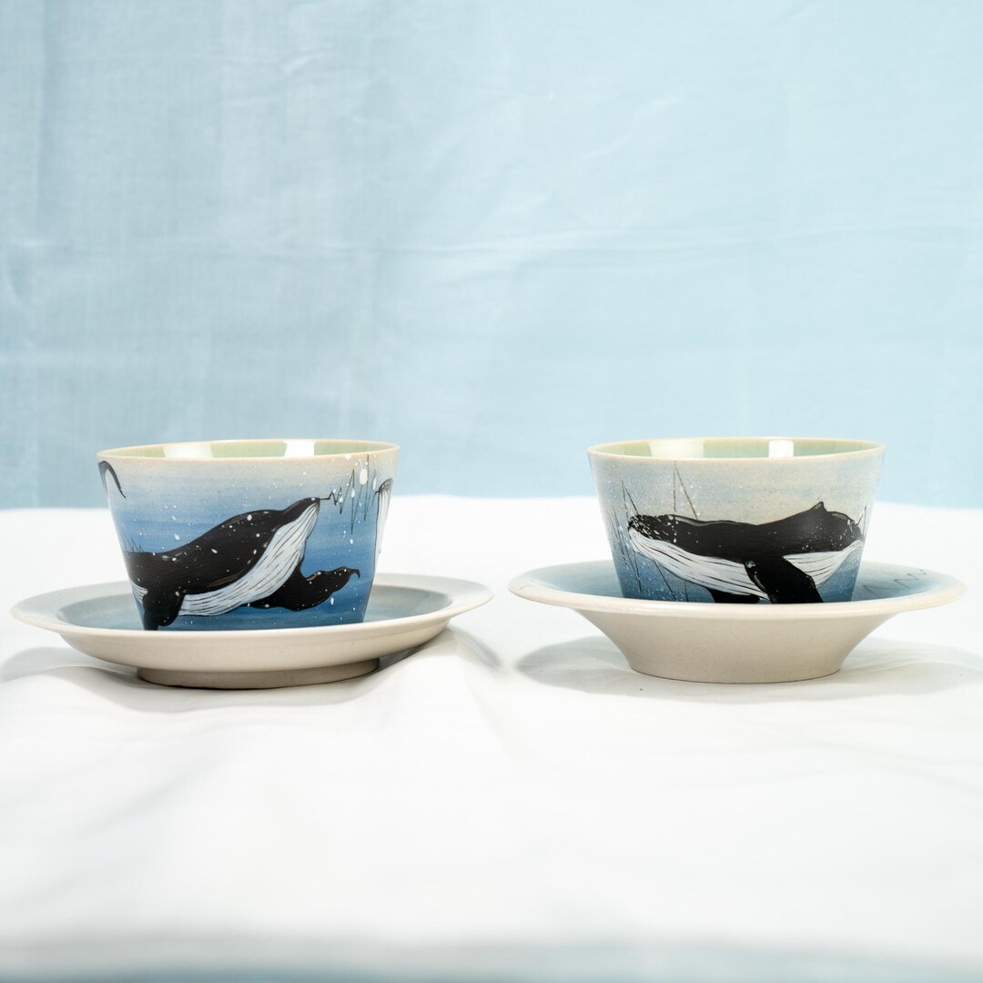 Ocean's Melody Tea Set Handmade Porcelain Ocean-themed Black Orca Cups ...