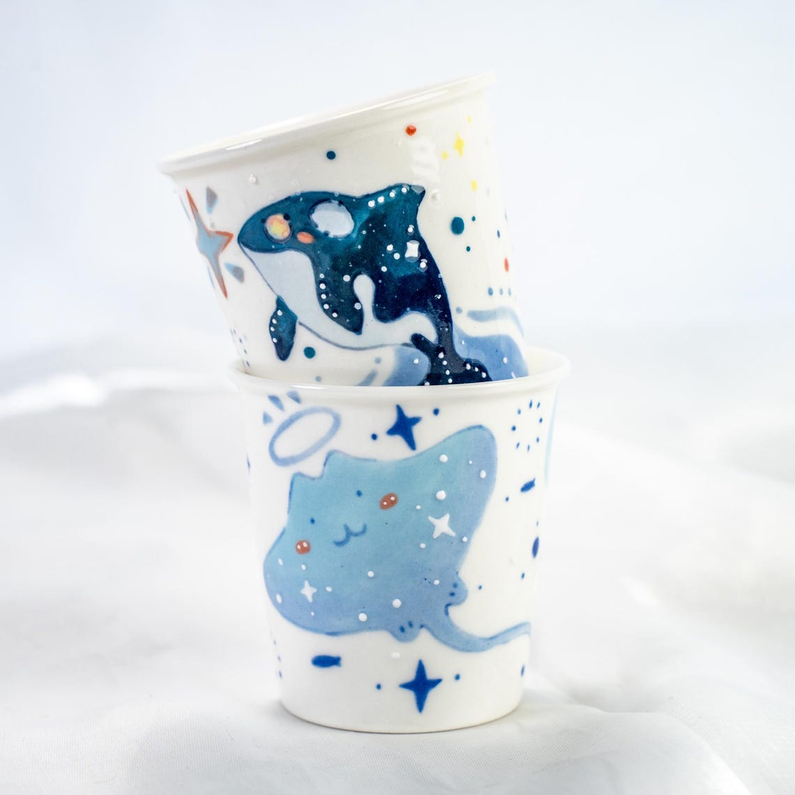 Sea Adventures Mug Set | Hand-painted Playful Orca & Stingray Ceramic ...