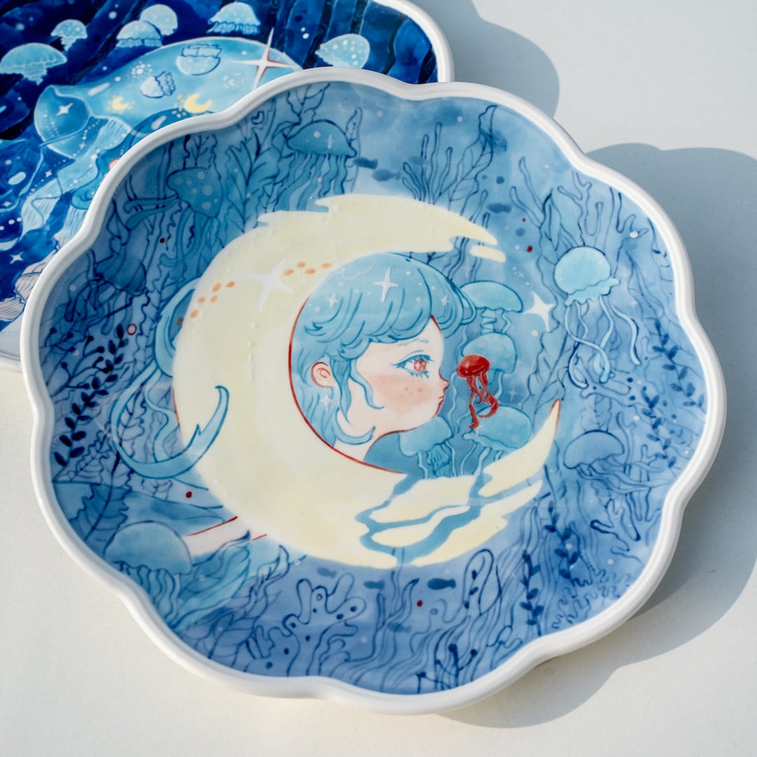 Moon in the Ocean Jewelry Plate Little Girl and Jellyfish Flower Shaped ...