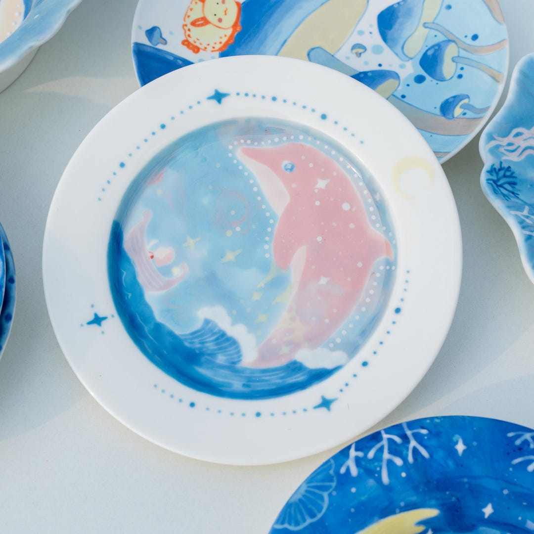 Whimsical Pink Dolphin Porcelain Tray Handpainted Dolphin Pasta Bowl ...