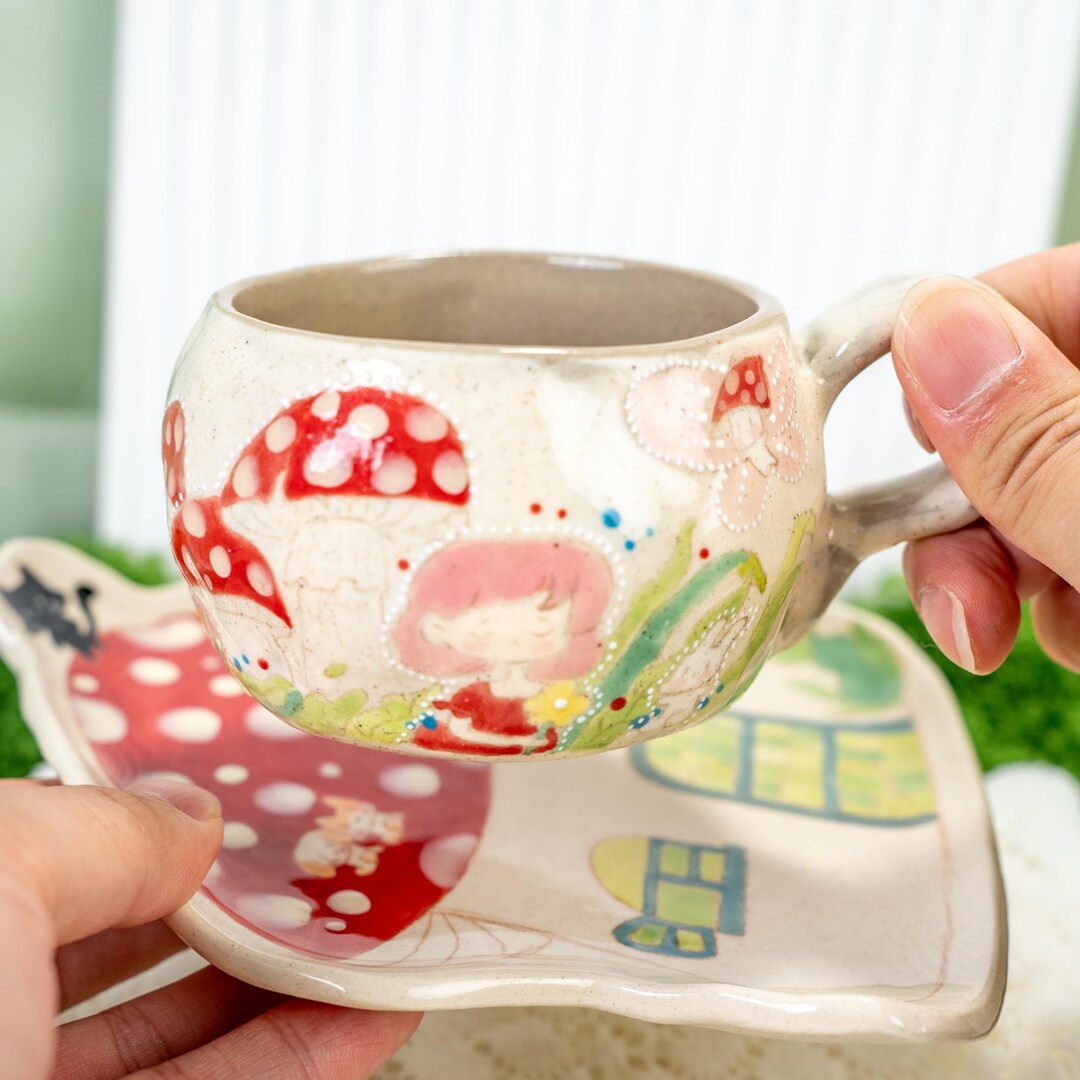Mushroom Cottage Tea Set | Handcrafted Porcelain Hug Mug | Red Mushroom ...