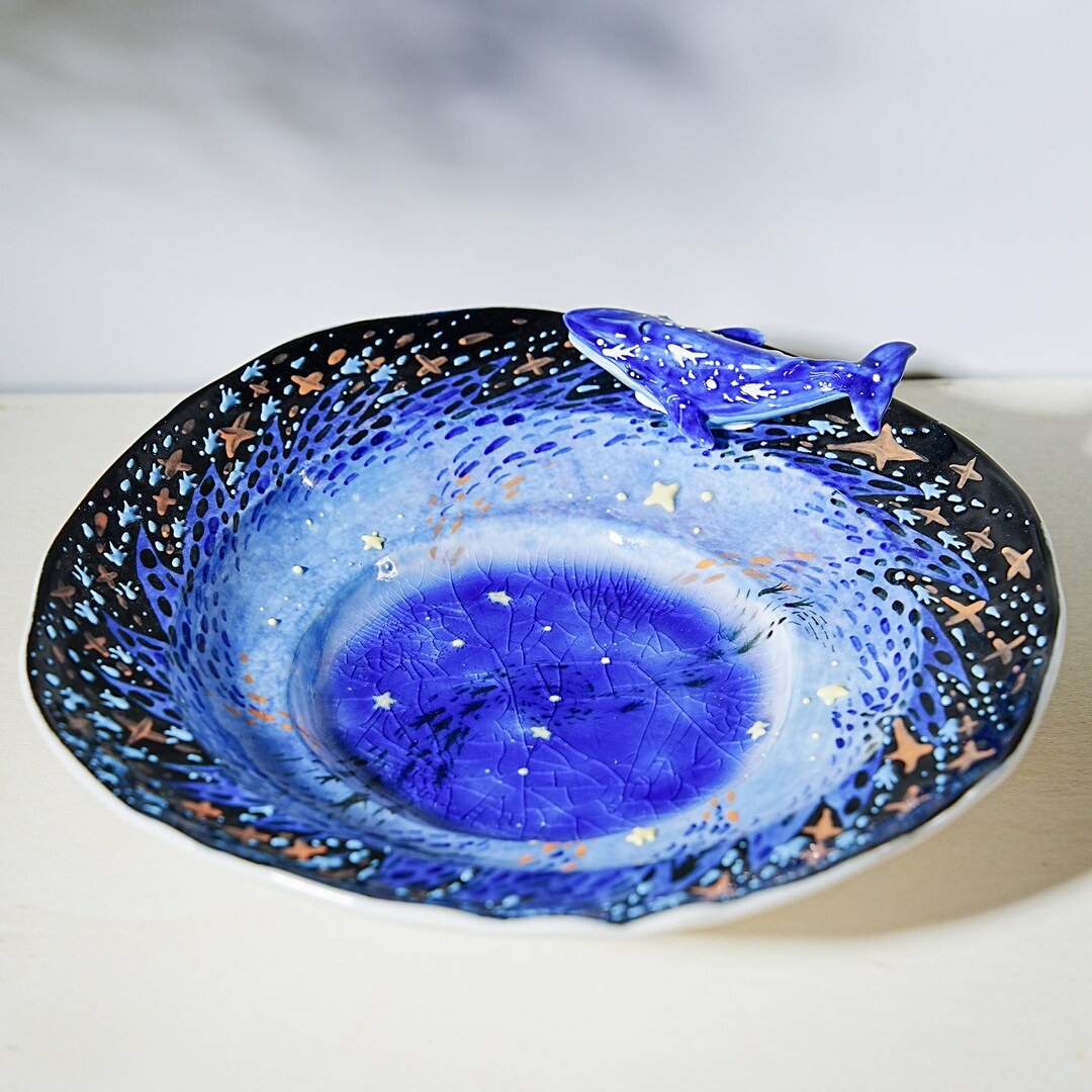 Handcrafted Ocean Vortex Ceramic Plate With Whale Sculpture, Unique Ice ...
