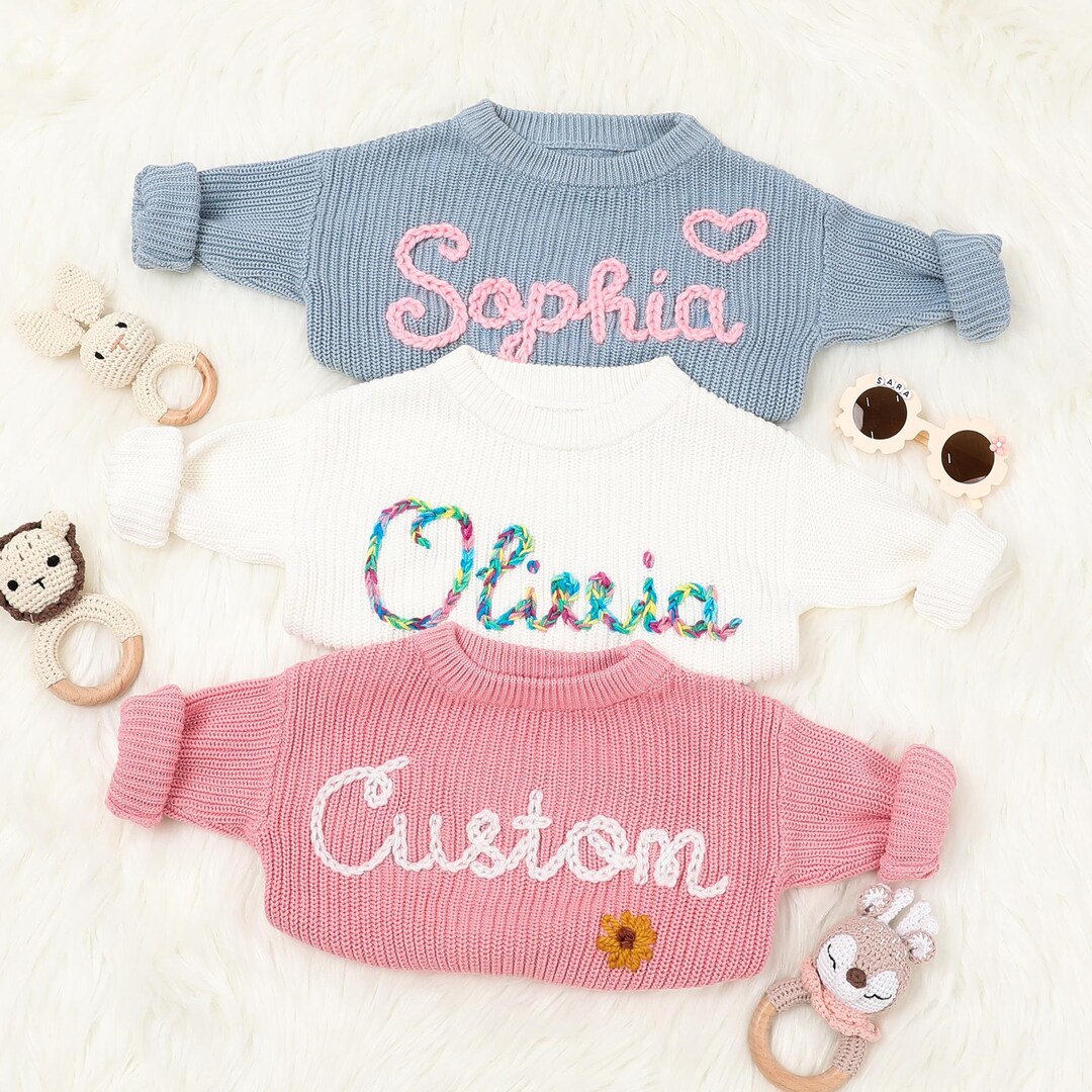 Personalized Hand Embroidered Name Baby Sweater, Custom Toddler Knit ...