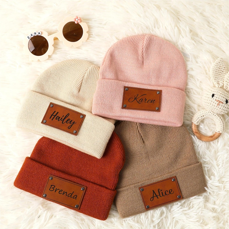 Custom Baby Beanies, Personalized Leather Patch Beanies With Name for Kids, Newborn Gift, Winter ...