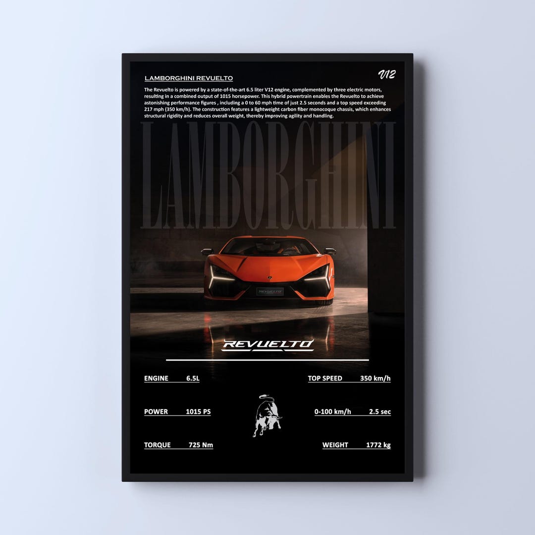 Lamborghini Revuelto Poster – Digital Car Download | 1015 Hp Hybrid V12 ...