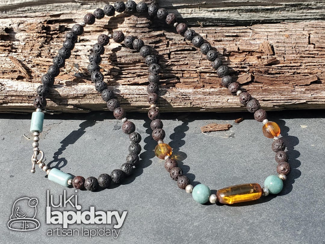 RARE >> Baltic Amber / Jadeite Jade >> Lava Rock >> 925 Sterling Silver ...