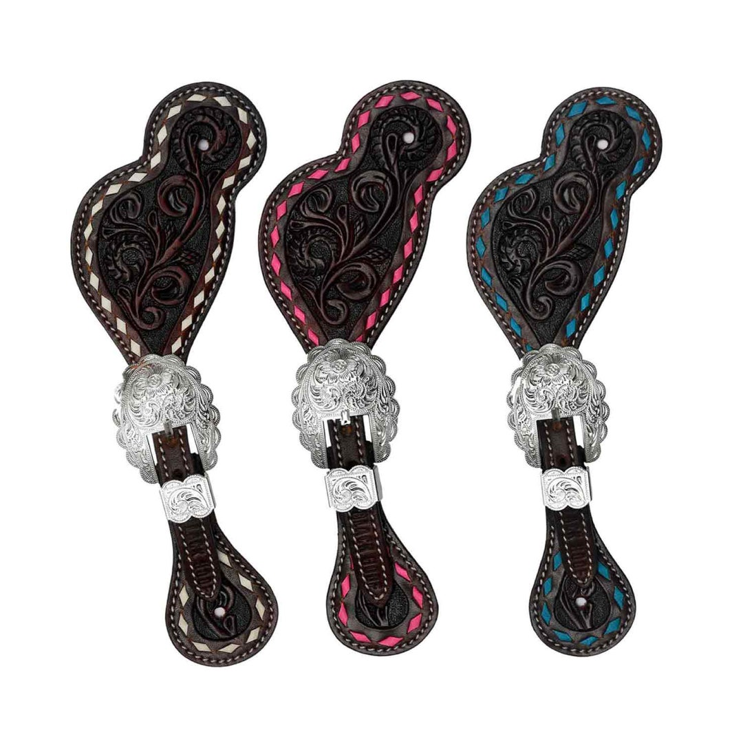 Black Hoof Floral Tooled Leather Spur Strap With Buckstitch Design for ...