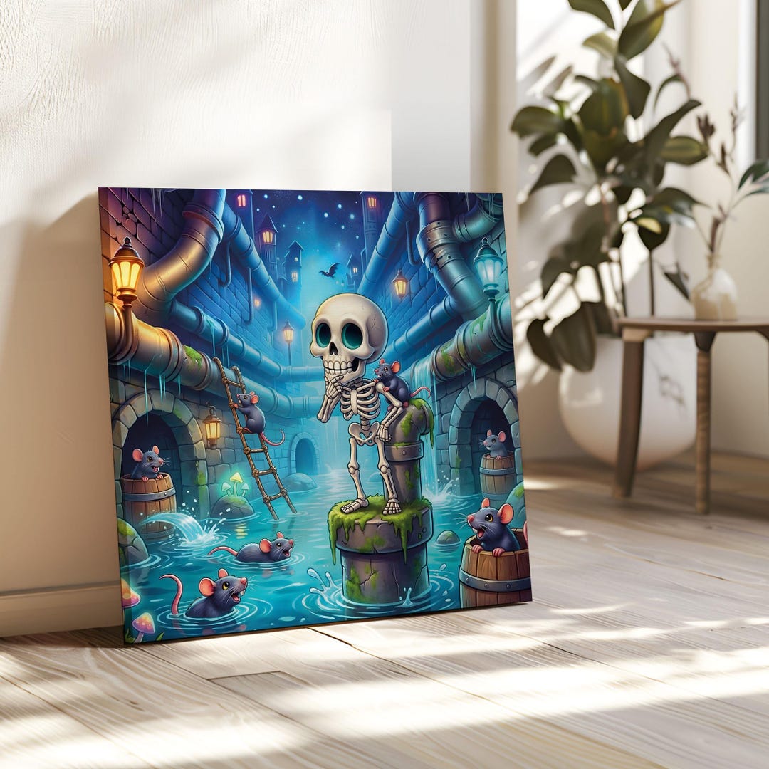 Friendly Skeleton Adventure Canvas Print | Fantasy Sewer Scene Wall Art ...