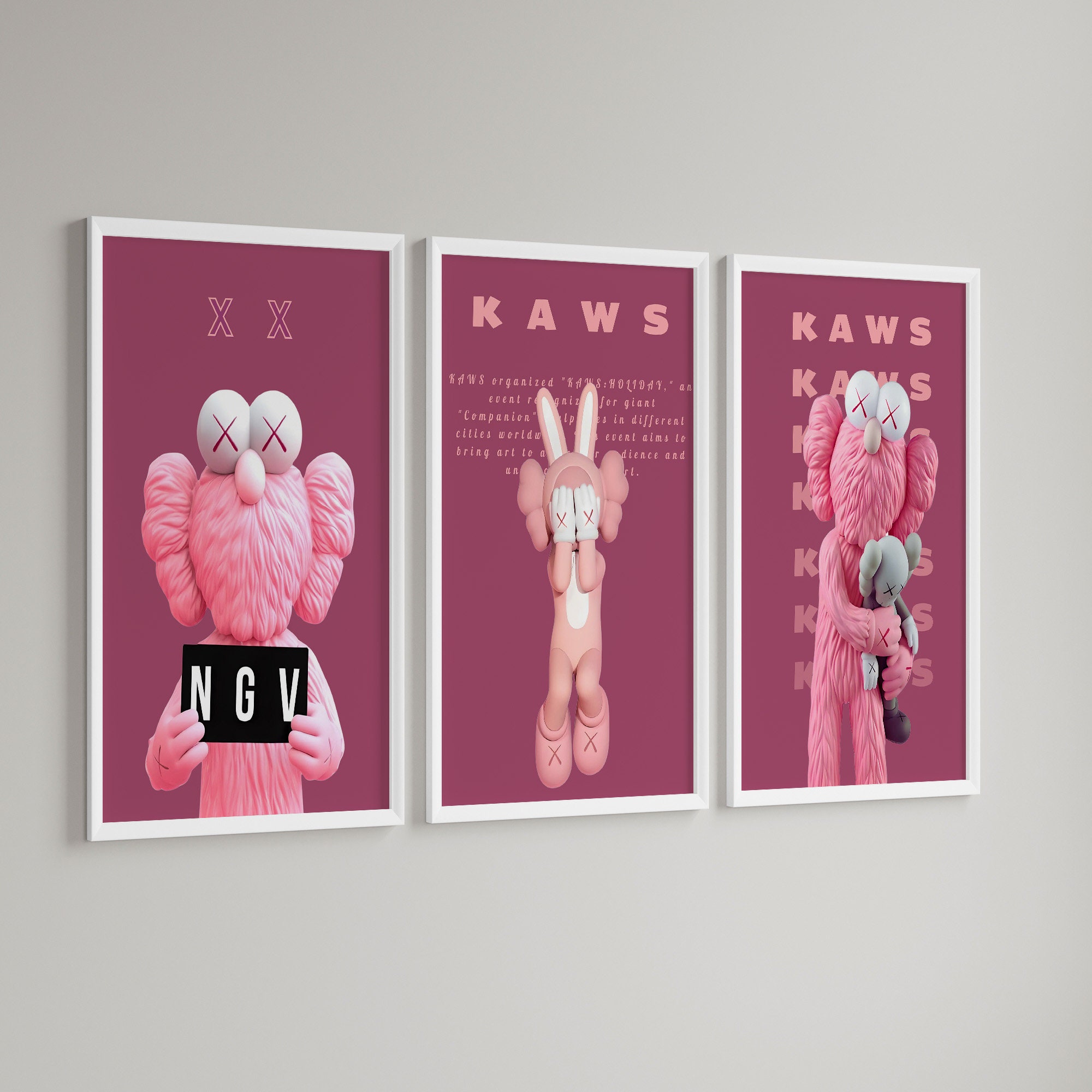 Pink Kaws Figure Poster Set of 3, Berry and Pink Poster, Hypbeast Toys ...