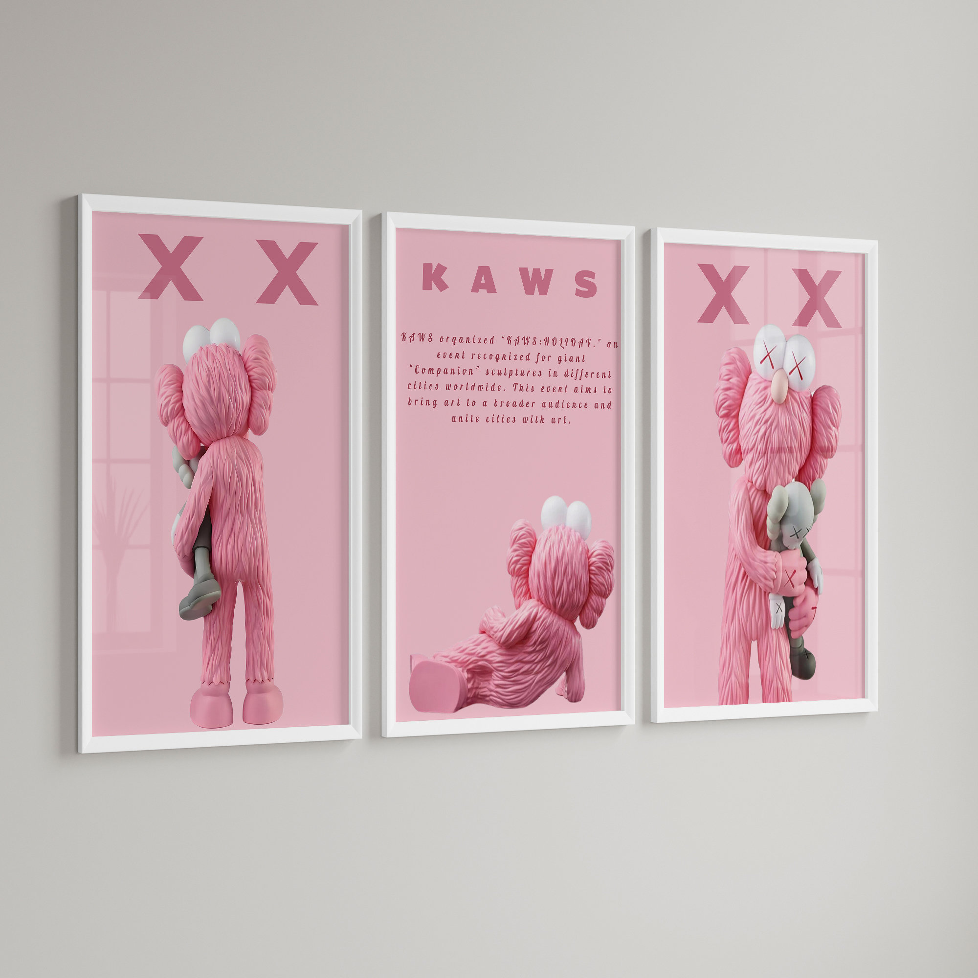 Pink Kaws Toys Poster Set of 3, Hypebeast Figure Print, Designer Wall ...