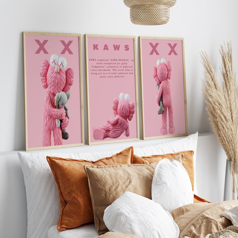 Pink Kaws Toys Poster Set of 3, Hypebeast Figure Print, Designer Wall ...