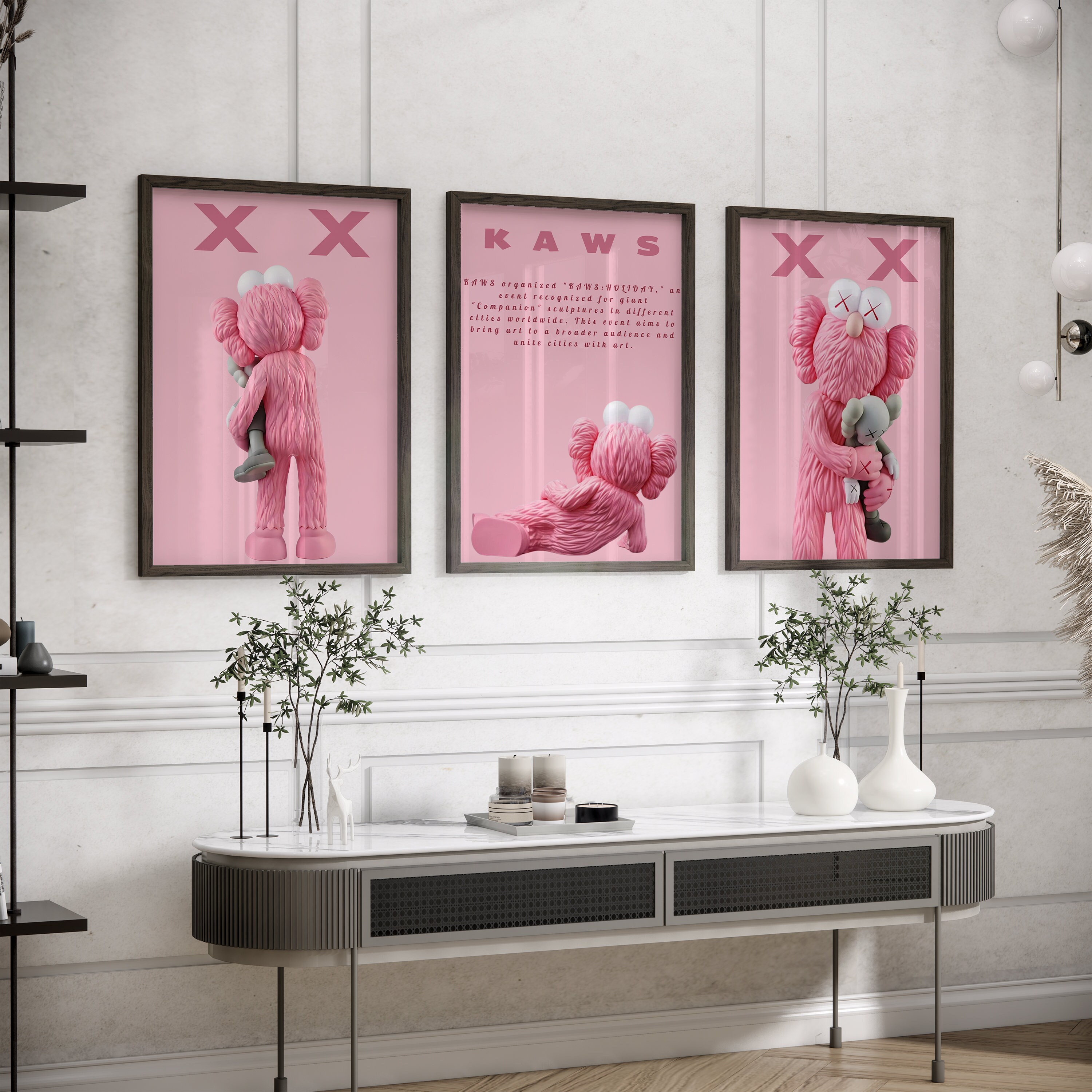 Pink Kaws Toys Poster Set of 3, Hypebeast Figure Print, Designer Wall ...