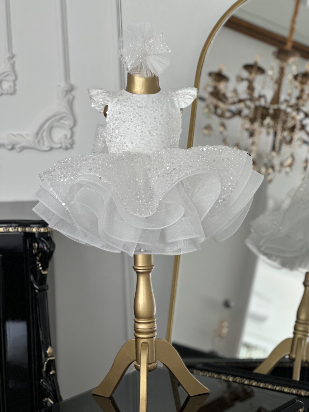 White Sequin Tulle Flower Girl Dress: Short Sleeve Satin Wedding ...