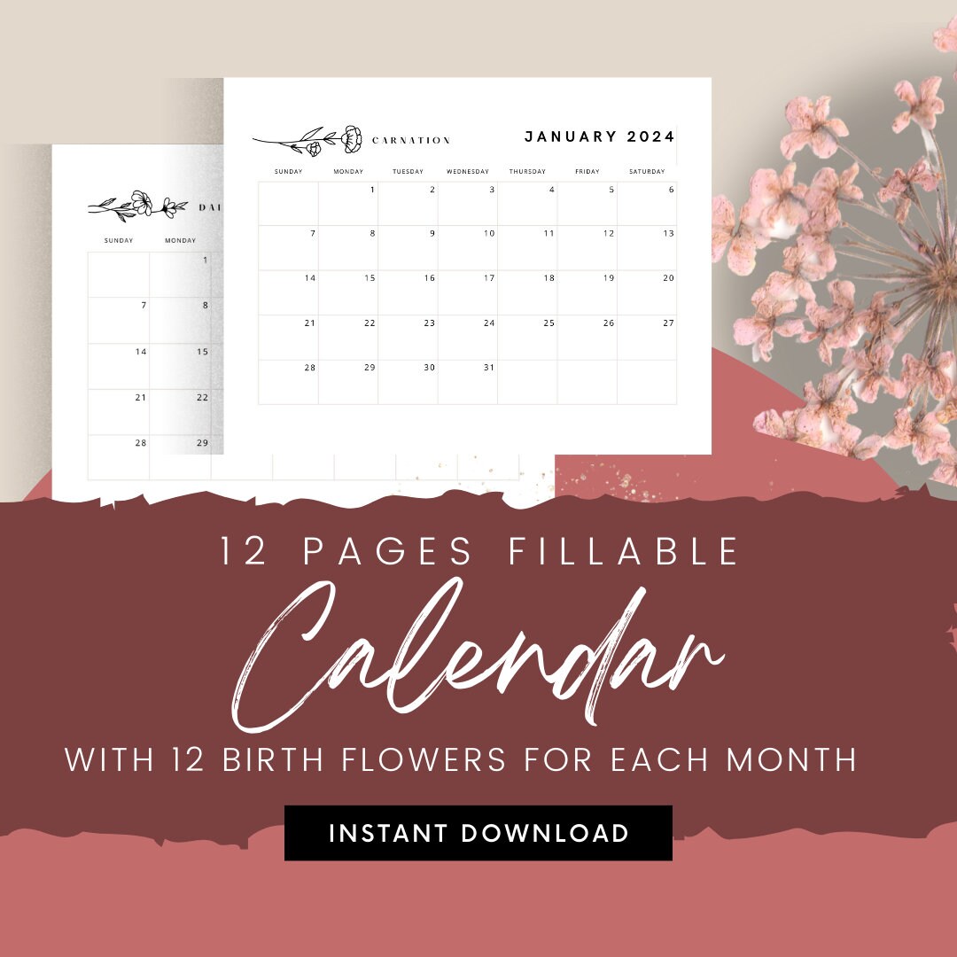 Editable 2024 Monthly Calendar, With Birth Month Flower, Vacation ...