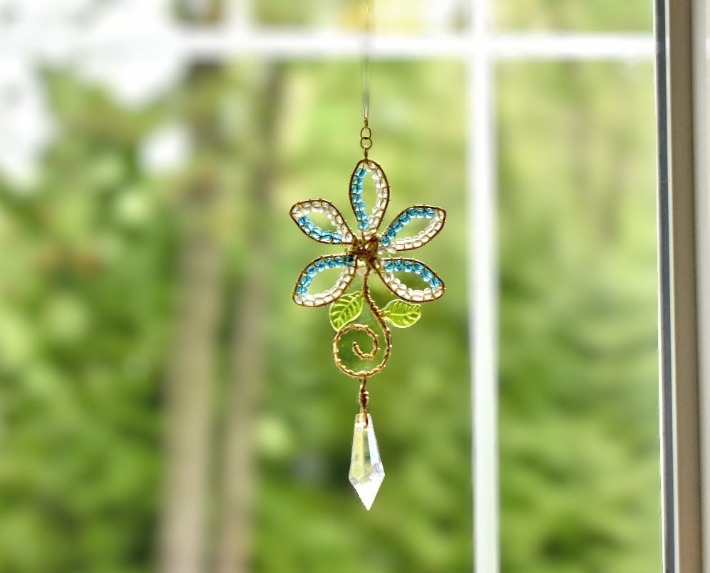 Crystal Sunflower Suncatchers, Blue, White & Gold Prism Car Charm, Car ...