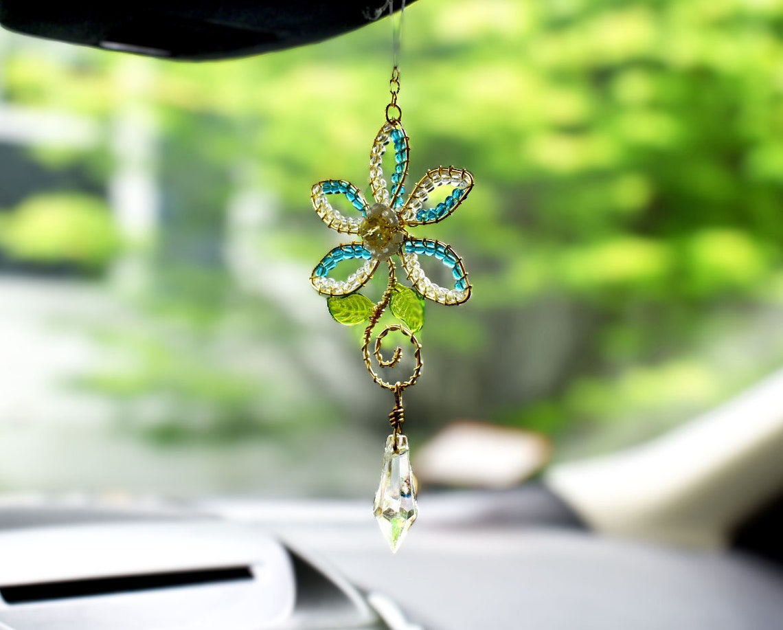 Crystal Sunflower Suncatchers, Blue, White & Gold Prism Car Charm, Car ...