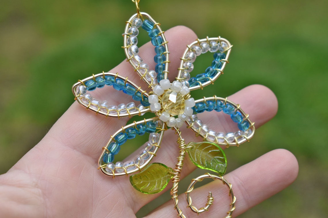 Crystal Sunflower Suncatchers, Blue, White & Gold Prism Car Charm, Car ...