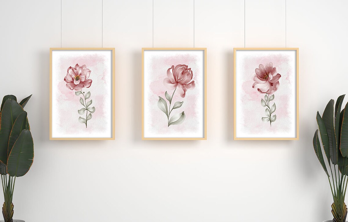 Watercolor Pink Flowers Prints, Digital Prints, Set of 3 Wall Decor for ...