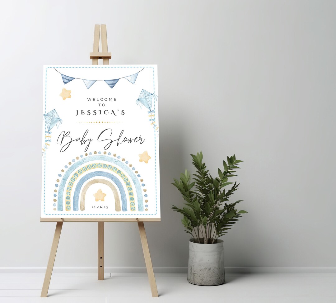 Blue Kites Baby Shower Welcome Sign: Rainbow Hearts (editable Canva ...