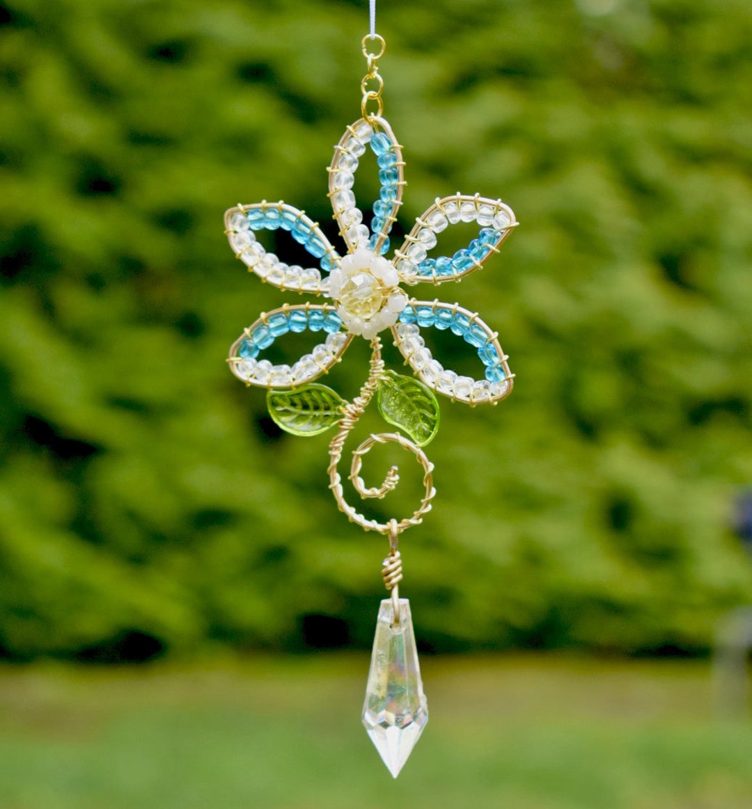 Crystal Sunflower Suncatchers, Blue, White & Gold Prism Car Charm, Car ...