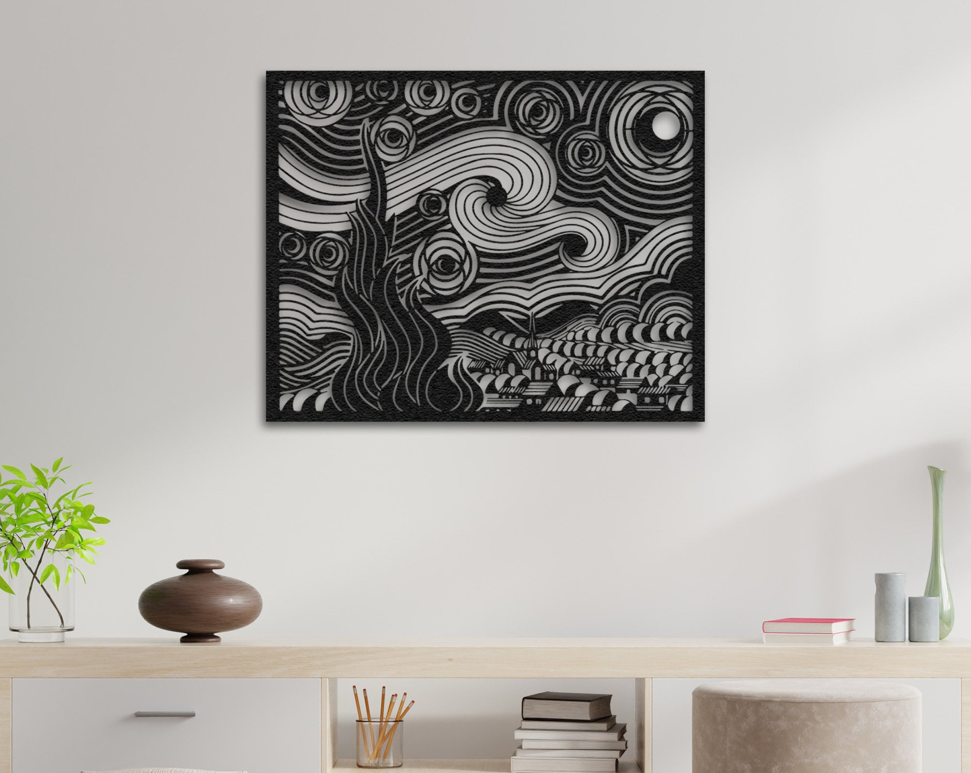 Starry Night Metal Line Art: Van Gogh Inspired Mid-century Modern Wall ...