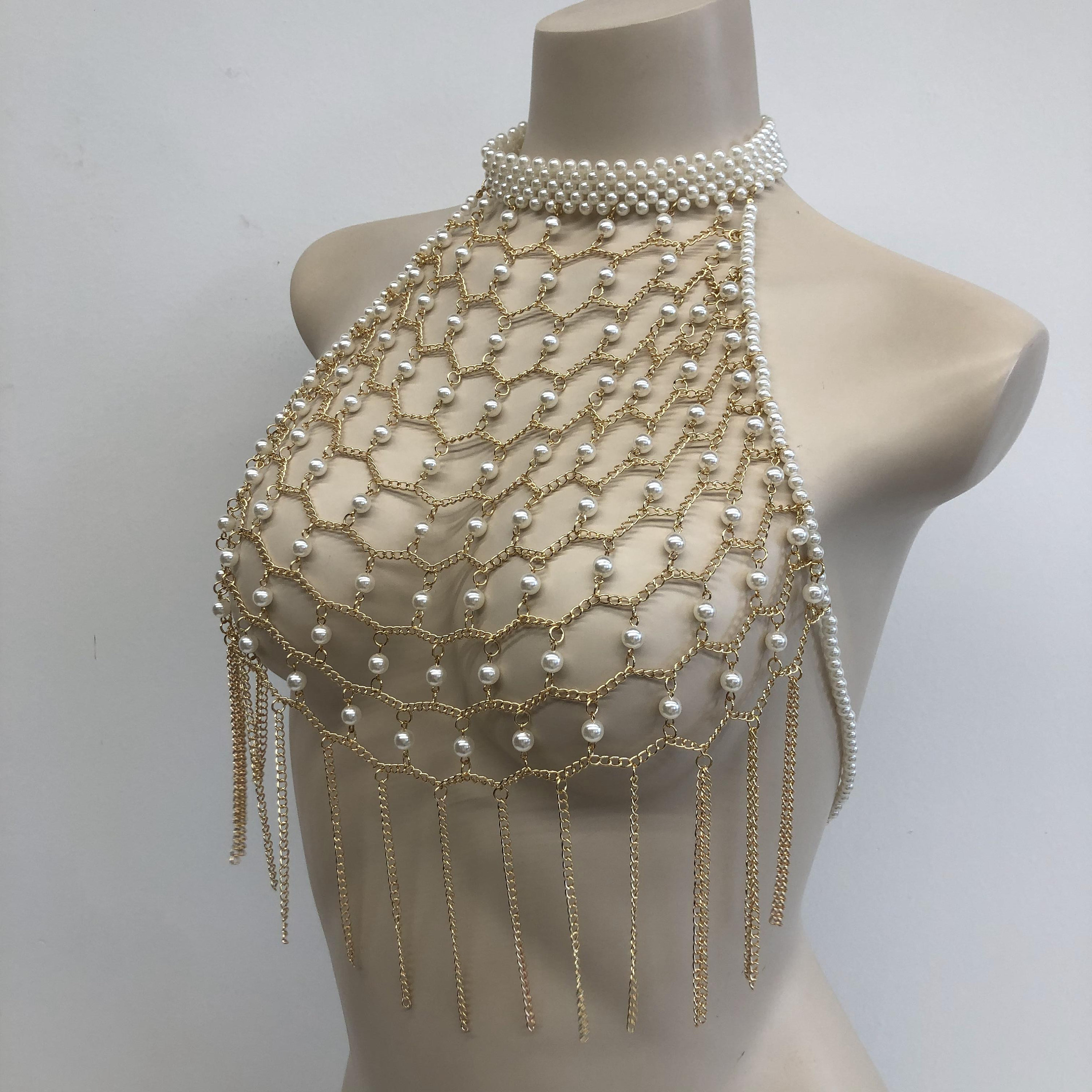 Pearl Body Chain Bra, Pearl Chest Chain, Pearl Body Jewelry, Shoulder ...