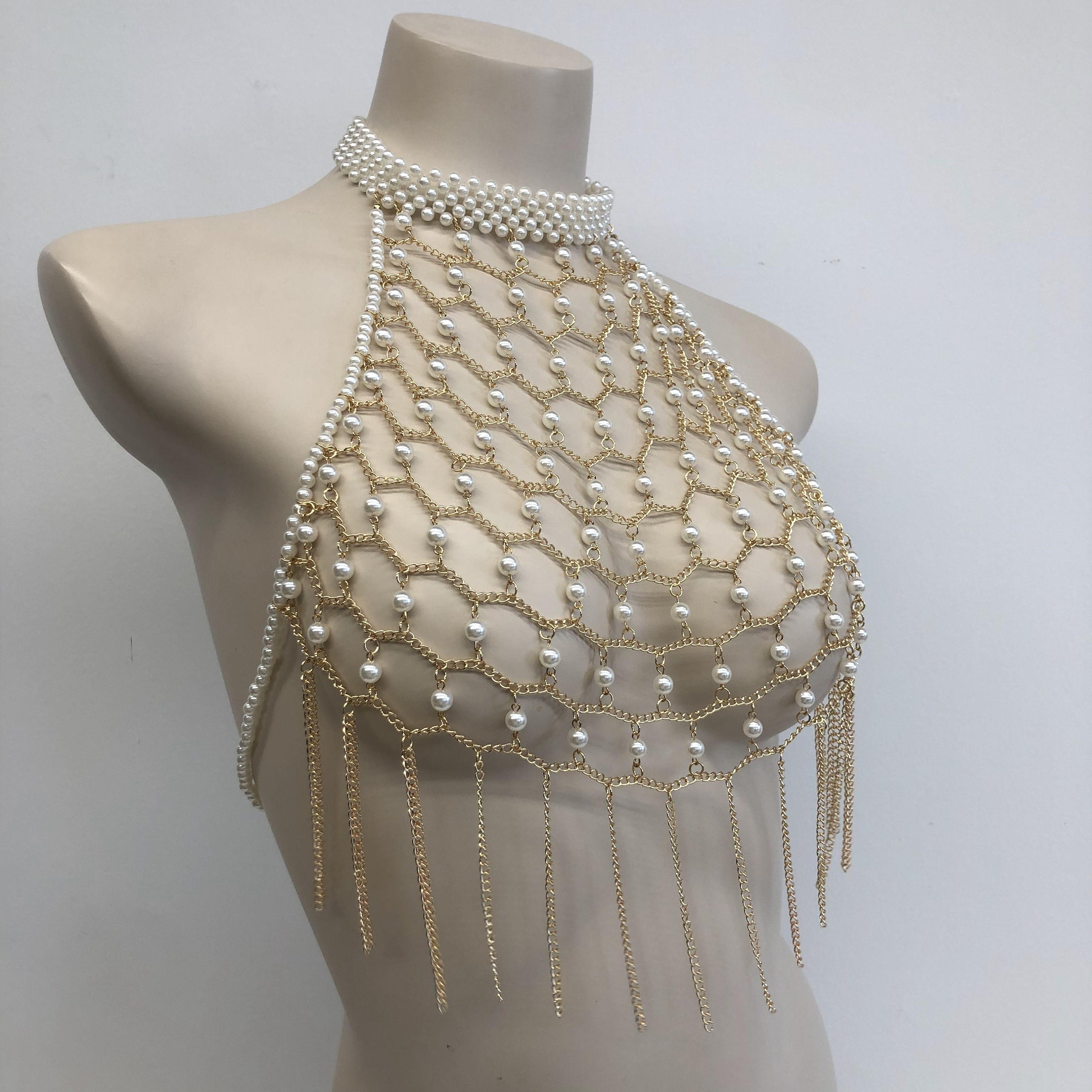 Pearl Body Chain Bra, Pearl Chest Chain, Pearl Body Jewelry, Shoulder ...