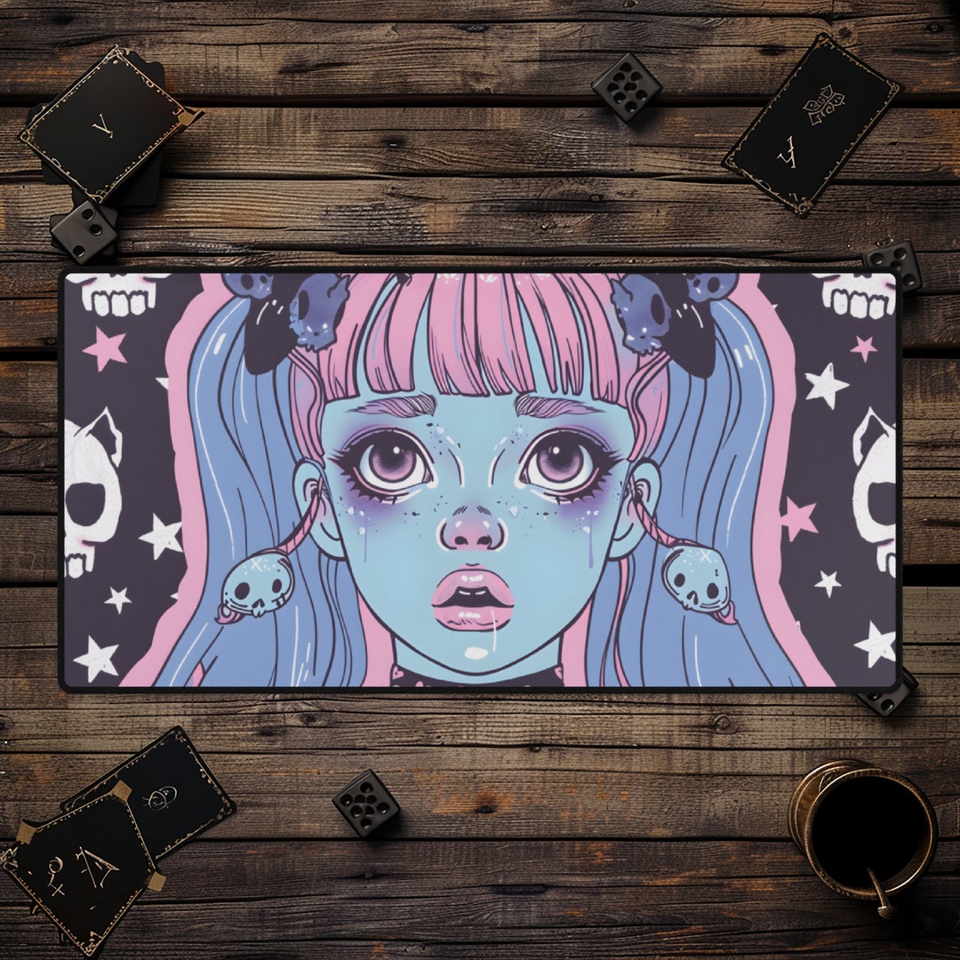 Goth Girl Desk Mat Pastel Pink Skulls Kawaii Cozy Aesthetic Mouse Pad ...