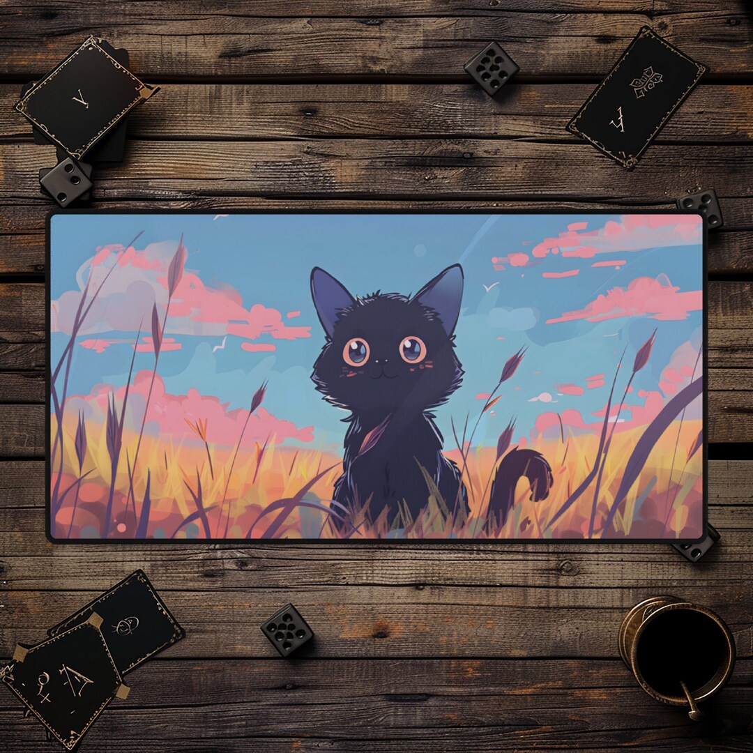 Cute Cat MTG Playmat,, TCG, Lorcana, Anime, Black, Pastel, Lofi, Large ...