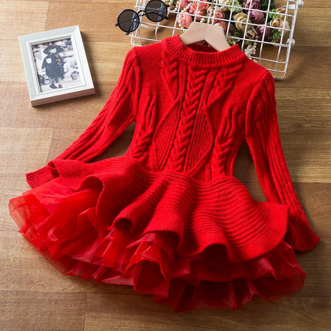 Autumn/winter Girl Dress Long Sleeve Warm Knitted Sweater Kids Red ...