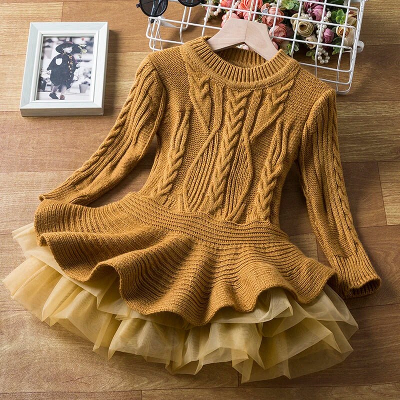 Autumn/winter Girl Dress Long Sleeve Warm Knitted Sweater Kids Red ...