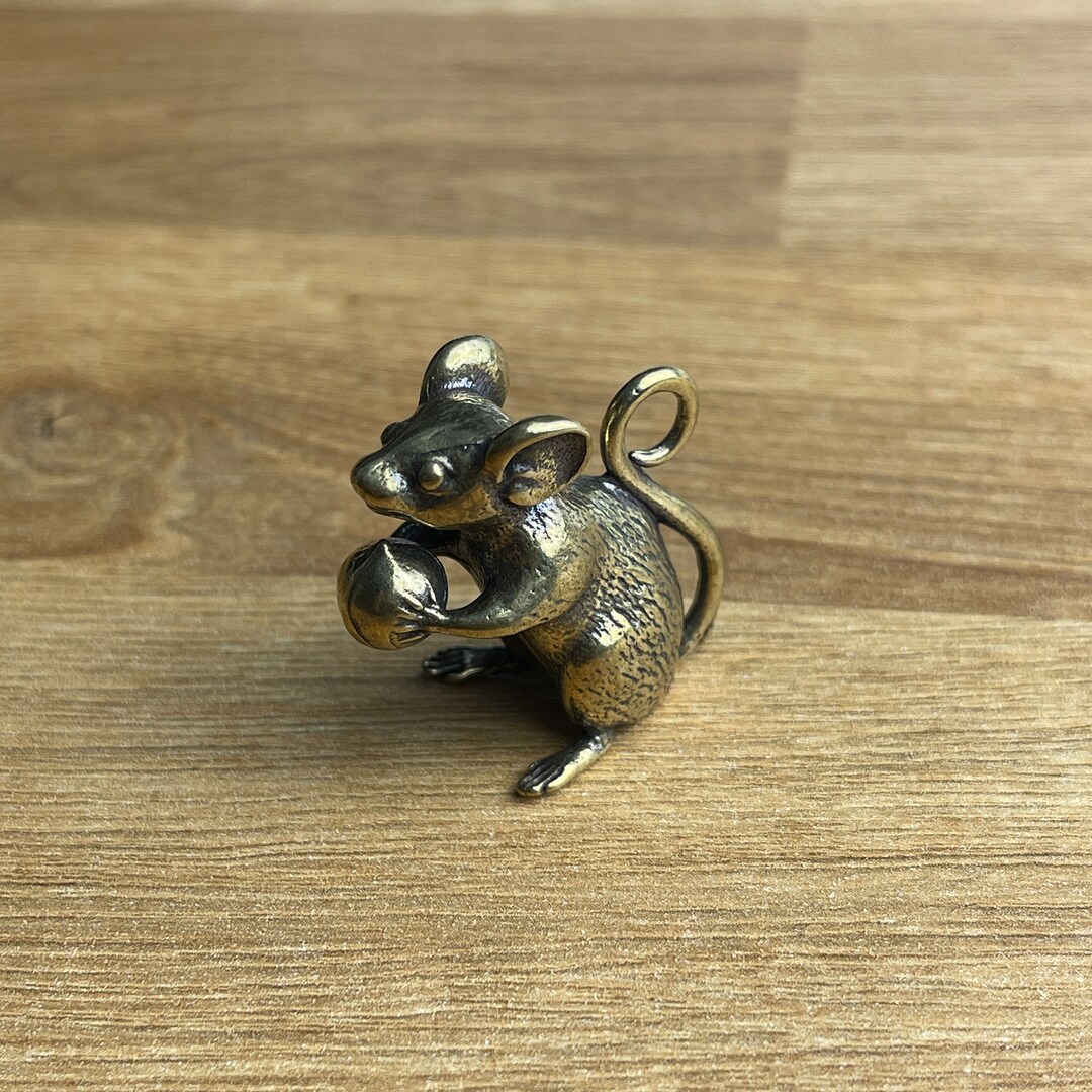 Solid Brass Mouse Offering Peach - Small Ornament Statue - Miniature ...