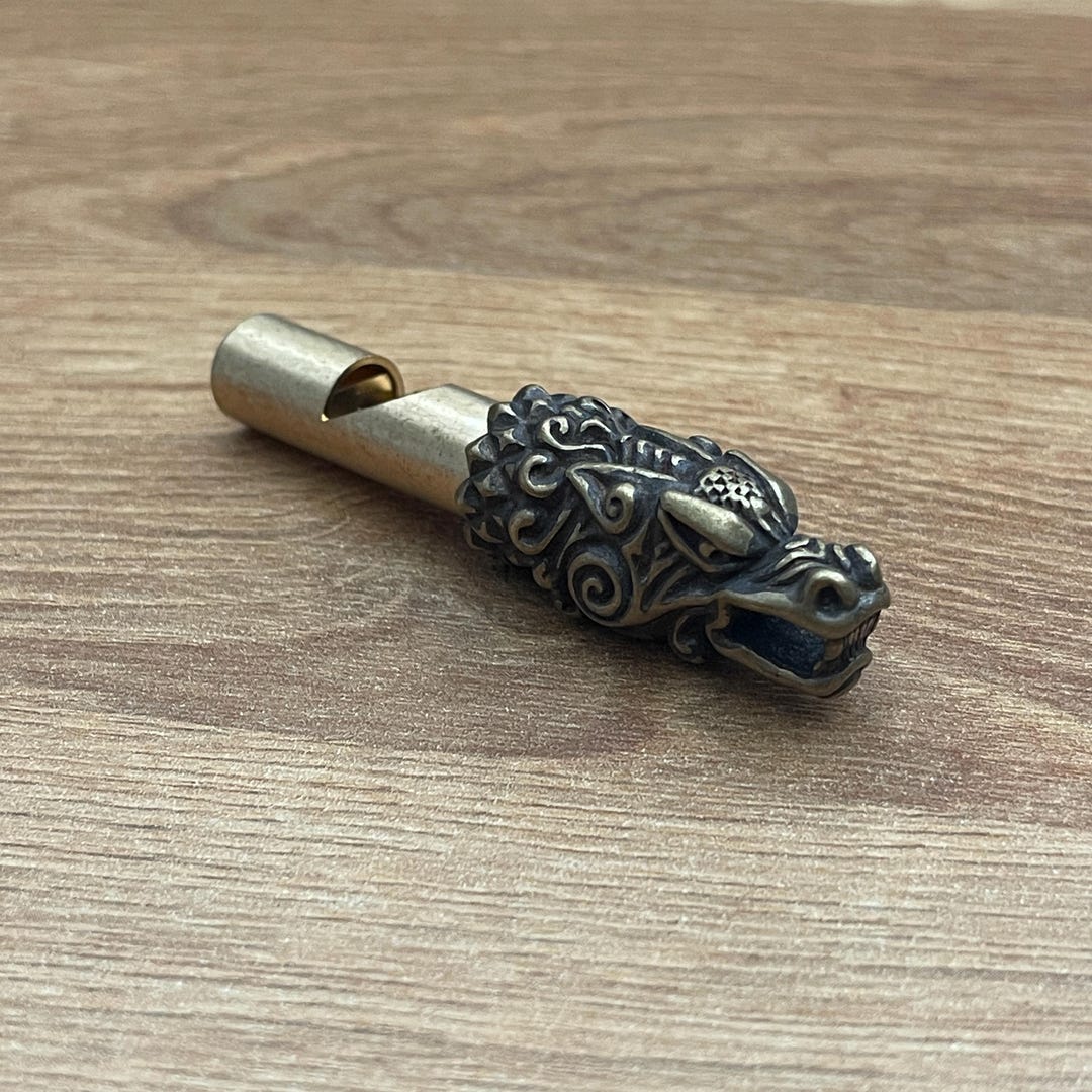 Solid Brass Kirin Dragon Head Whistle Keychain - Small Ornament Statue ...