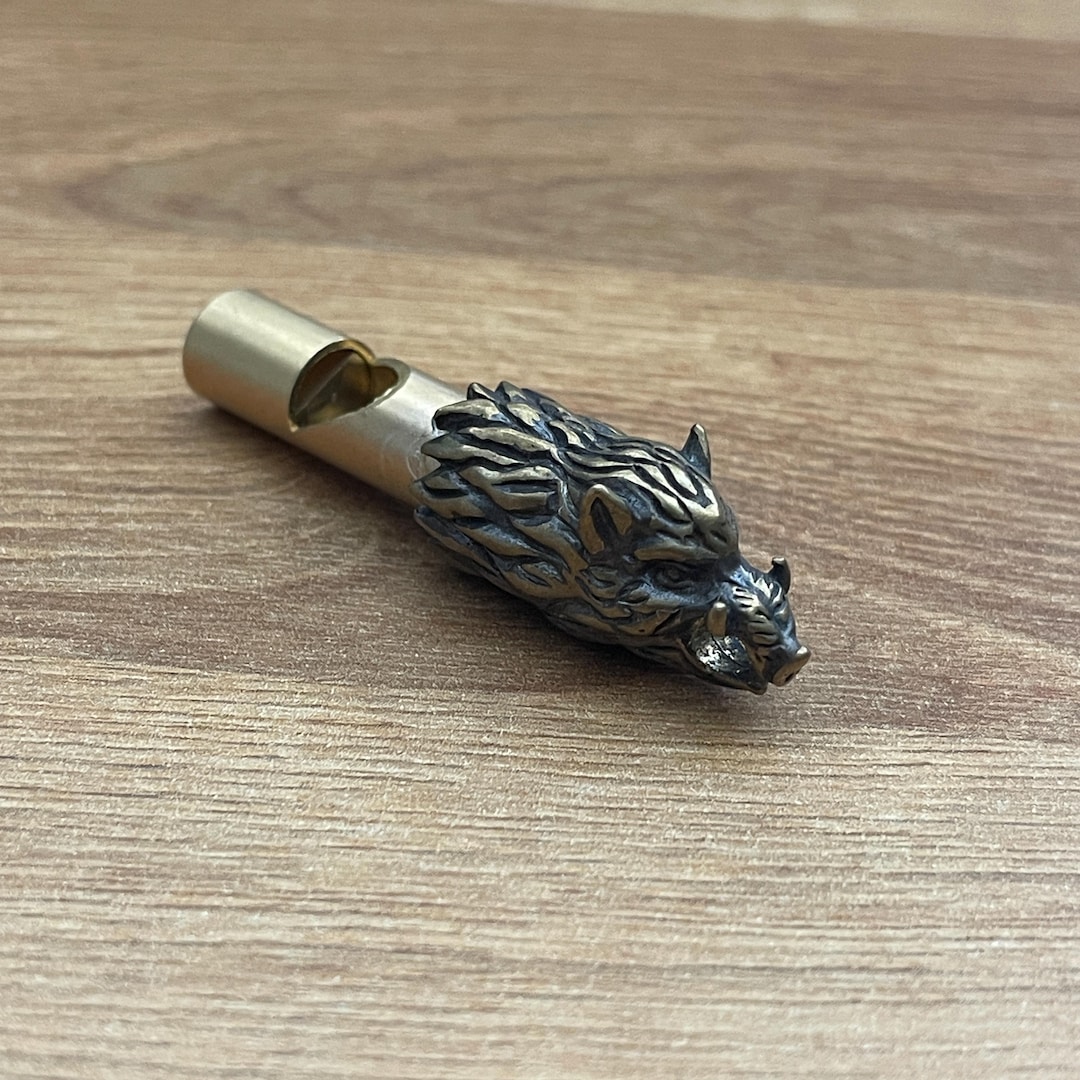 Solid Brass Wild Boar Head Whistle Keychain - Small Ornament Statue ...