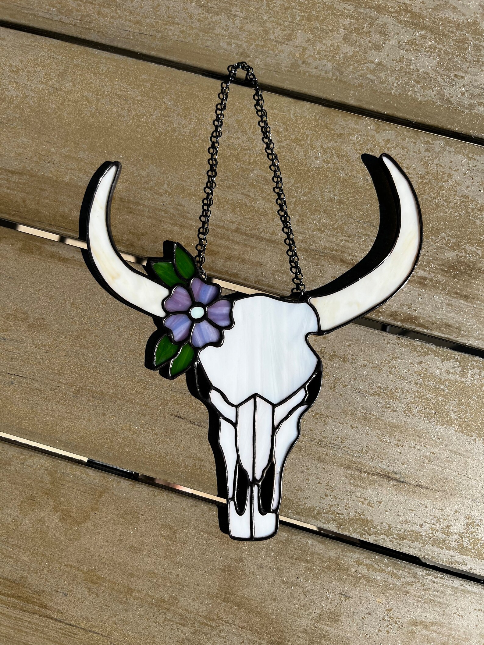Stained Glass Bull Skull With Purple Flower - Etsy