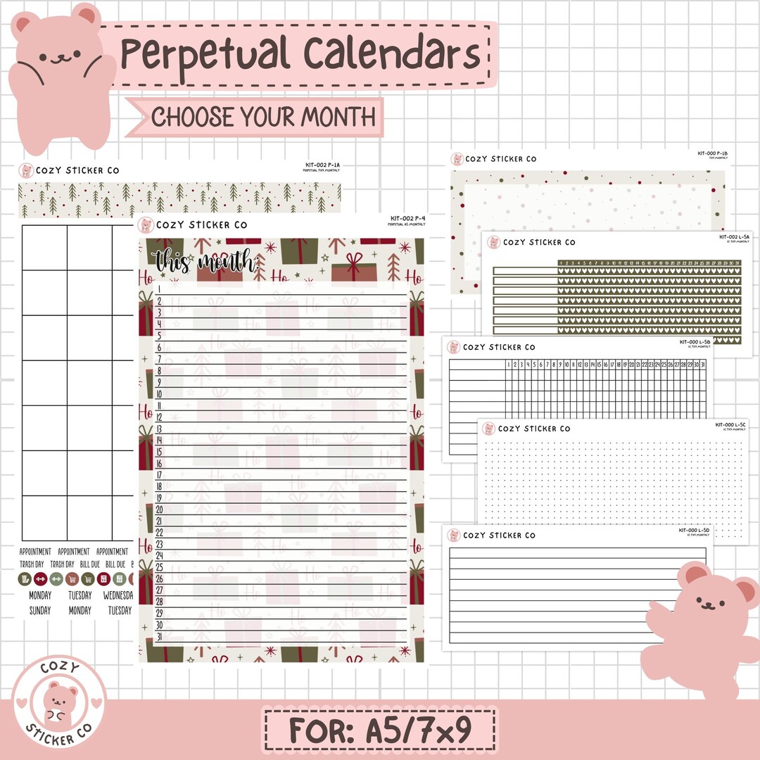 KIT-002 PERPETUAL CALENDARS - A5 / 7x9 || "deck the Halls" - Monthly ...